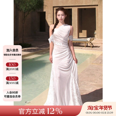 Tension Archive 25ss不规则斜肩细闪蕾丝镂空抽褶半袖针织连衣裙