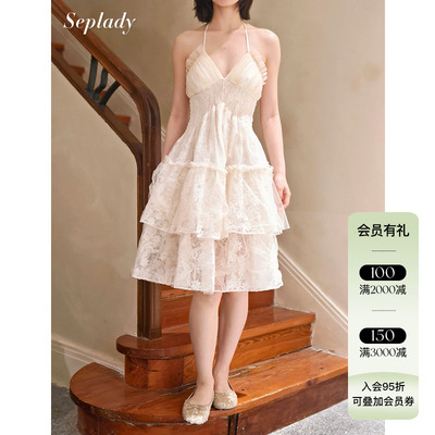 Deplumer 25AW新品 波西米亚度假风连衣裙挂脖蕾丝蛋糕裙公主风