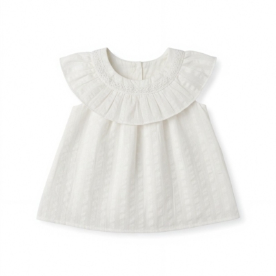 春夏纯棉条纹蕾丝女童娃娃领衬衫