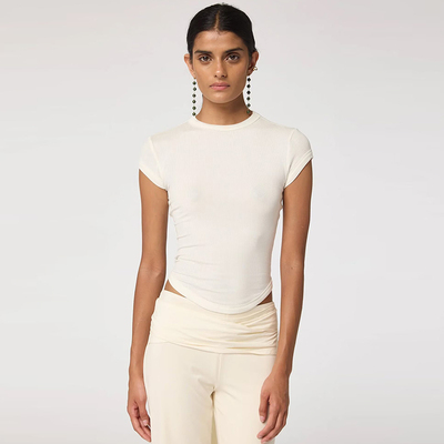 欧美纯色紧身小一字领短袖棉质