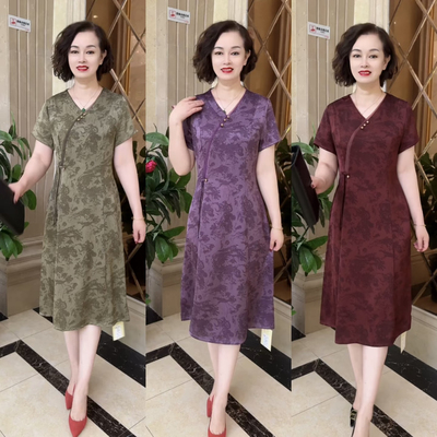 夏季妈妈V领真丝缎短袖新中式旗袍连衣裙收腰显瘦阔太太过膝长裙