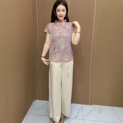 妈妈夏季改良旗袍衫中老年优雅气质斜襟小衫素雅碎花洋气宽松上衣