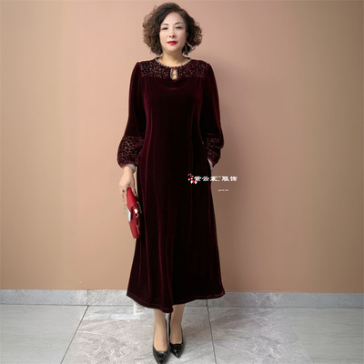 春秋冬中年妈妈装高端过膝长款真丝绒轻奢钩花洋气宽松大码连衣裙
