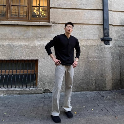 FOCABO硬汉简约亨利领华夫格长袖