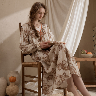 尘熙春秋季覆古印花纯棉长袖睡裙浪漫法式慵懒风海边度假洋装女