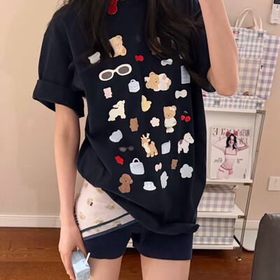 TWOI 藏青色美好事物短袖T恤夏季宽松圆领百搭情侣上衣美式半袖女