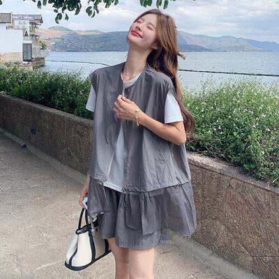 灰色款韩系装慵懒风休闲套女C122-266夏新纱拼接马甲网恤短裤三件