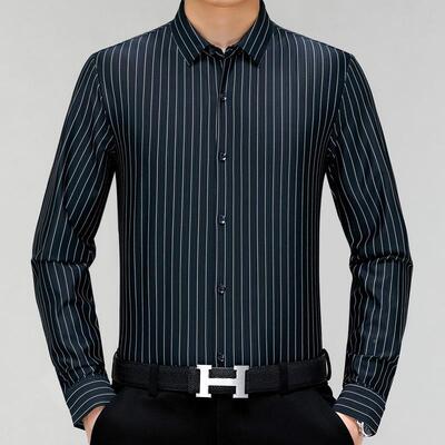 秋季新款男士休闲中衬衫长袖桑蚕丝衬轻青年熟5885-P休闲条纹衣衬