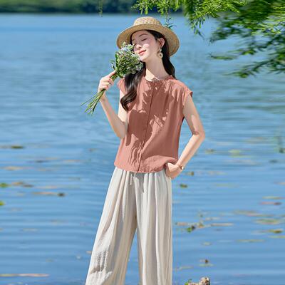 闲无袖衬衫阔腿裤两件套女夏宽松显ZYI20010瘦休松弛感季高风级感