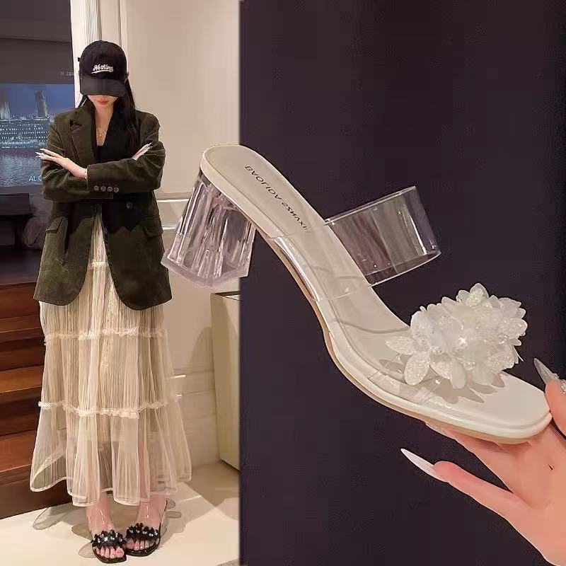 配裙子法式透明拖鞋女夏外穿防滑鞋子女时尚百搭水晶高跟花朵凉拖