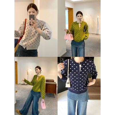 甜辣多多 法式波点提花针织衫2026年秋圆领气质毛衣开衫女W1057