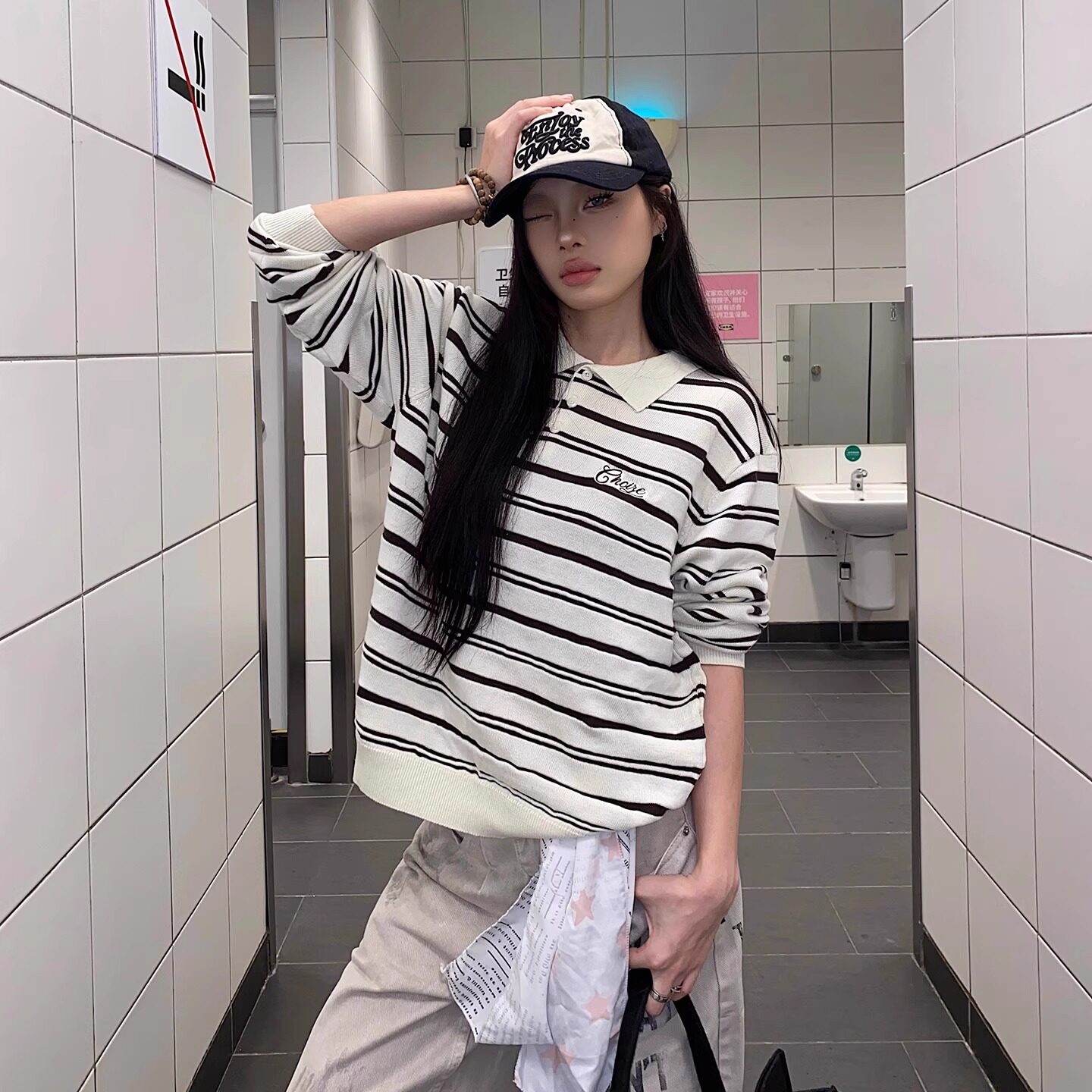 GGBAI 美式复古老钱风条纹针织polp衫毛衣松弛慵懒感宽松百搭上衣