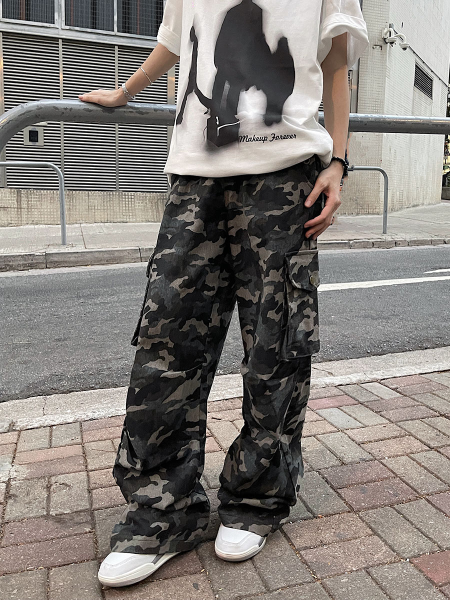 咕咕白 美式复古宽松直筒工装裤男女小众阔腿迷彩多口袋拖地长裤