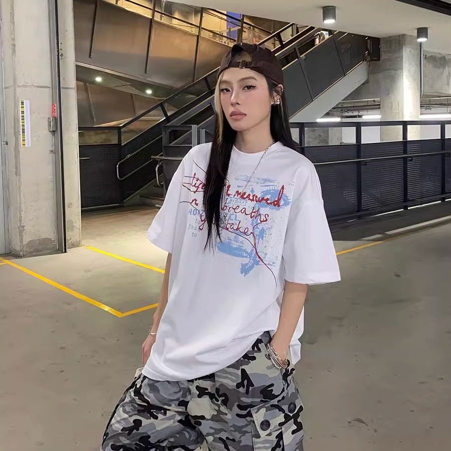 GGBAI 美式字母涂鸦短袖T恤男女宽松圆领小众设计感情侣上衣ins潮
