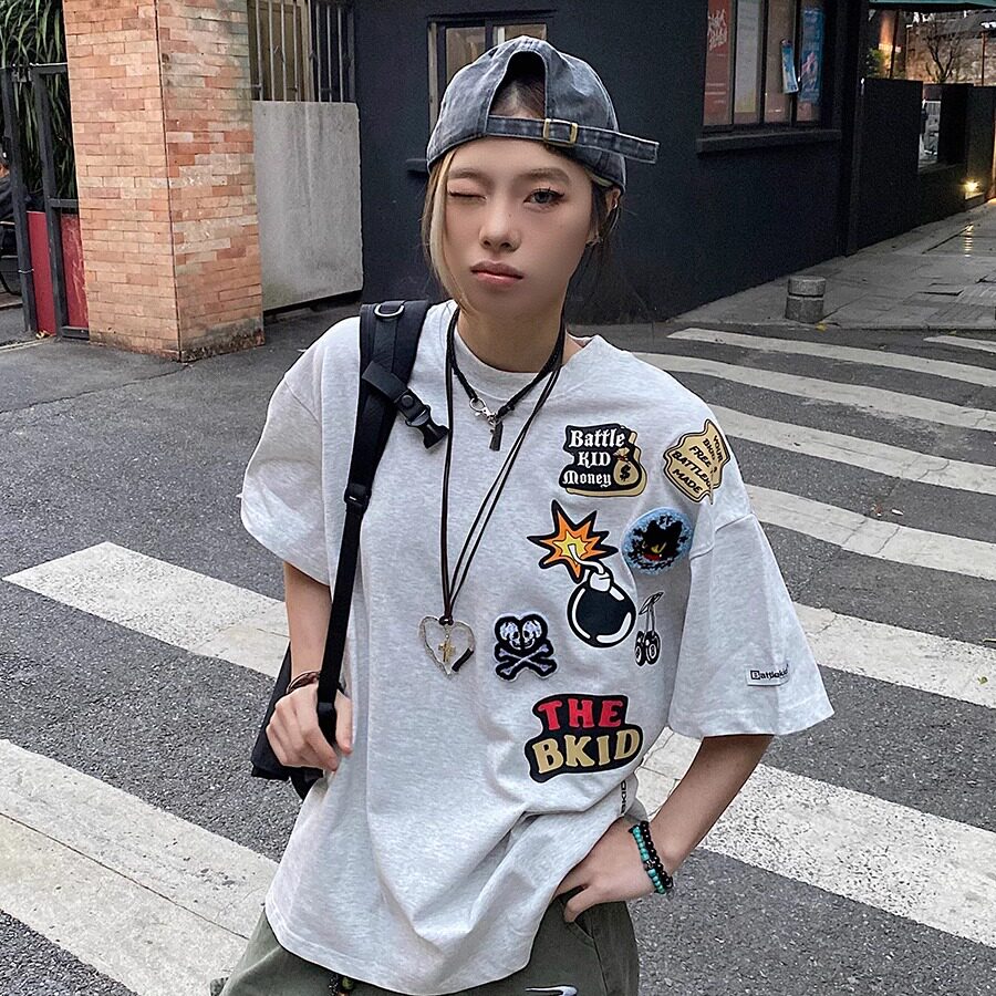 GGBAI 美式复古国潮街头涂鸦卡通短袖T恤男女宽松百搭情侣上衣tee