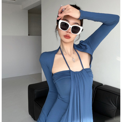 欧美辣妹风修身短外套女长袖防晒开衫健身跳舞运动上衣蓝色外套