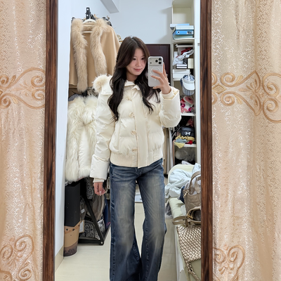 韩系甜妹复古毛领系扣收腰棉服