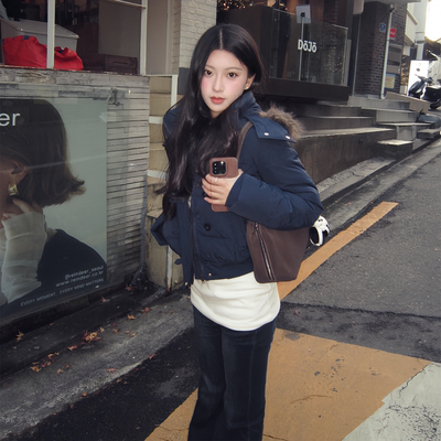 韩系短款系扣大毛领棉服女外套