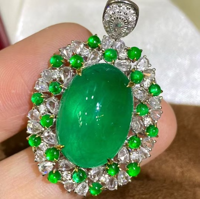 18K金钻石镶嵌 天然素面祖母绿戒指/吊坠两用款 主石14.92克拉