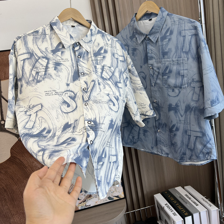 设计师线!凉感亲肤!外贸男装夏季透气清爽印花休闲百搭短袖衬衫