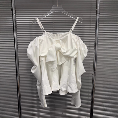 一字肩蝴蝶结短吊带长袖上衣