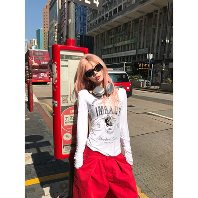 NECOYEP 美式字母印花U领长袖T恤女辣妹休闲显瘦百搭露肩打底衫