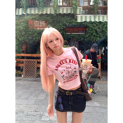 NECOYEP夏季美式字母天使宝宝创意印花T恤男女宽松休闲短袖短上衣