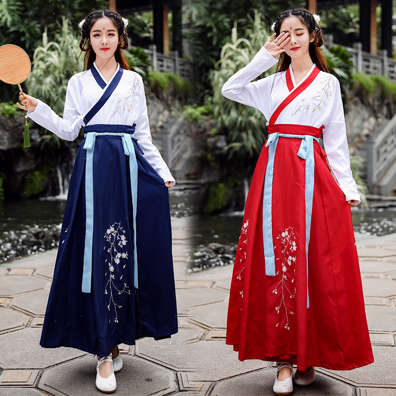 汉服女改良中国风古装女仙女飘逸清新淡雅襦裙学生古风日常装套装虎窝淘