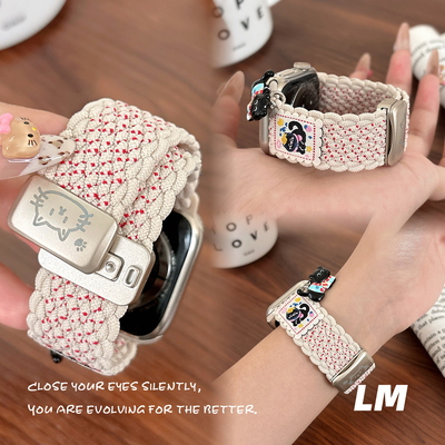适用iwatch10苹果手表表带s9可爱小动物挂坠尼龙编织s87磁吸Ultra