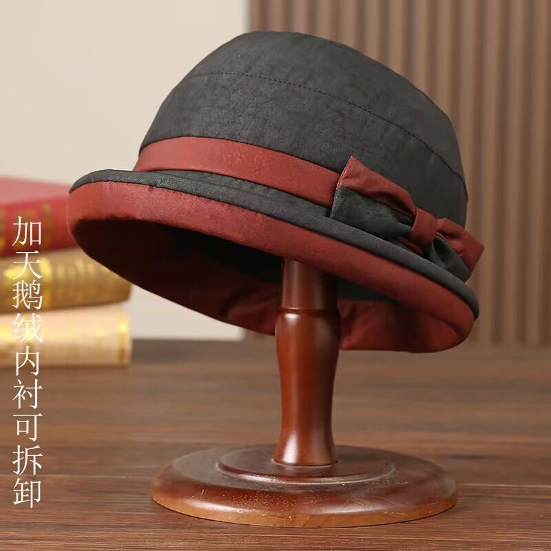 香云纱帽子女秋冬季重磅桑蚕丝黑龟老料渔夫帽四季可戴加绒小礼帽