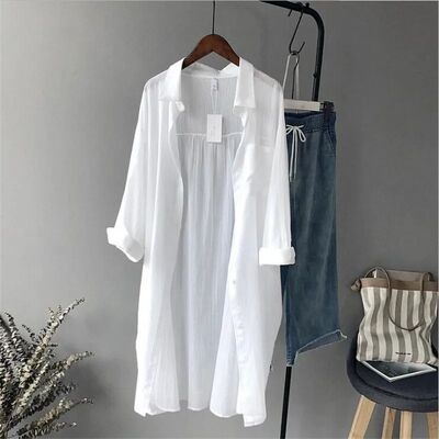 Cotton White Long Blouse Women 2024 Spring Casual Long Sleev