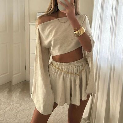 Vintage Skew Collar Long Sleeved Top+Shorts Beach Suit Sexy