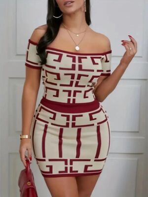 Sexy Geometric Print Two-piece Set Off Shoulder Short Sleeve