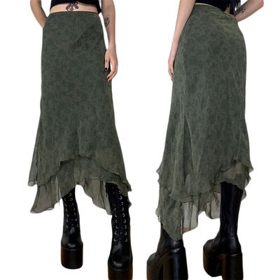 Green Chiffon Solid Color Irregular Skirt, Elegant Commuting