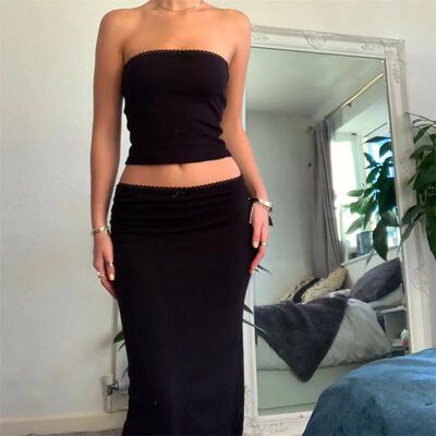 Vintage 2 Piece Long Skirt Sets Women Cute Spaghetti Strap C