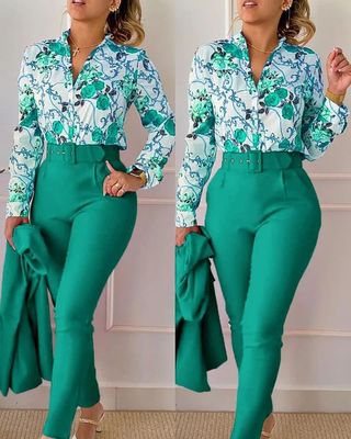 elegant print shirt and pants two piece sets women 2024 spri