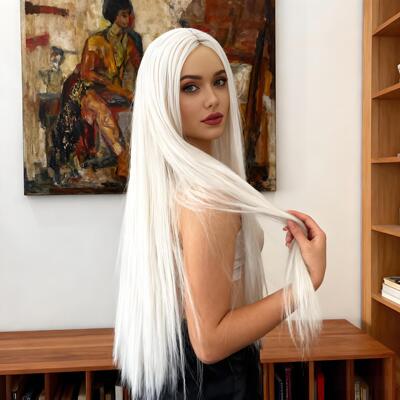 Women's Middle Pen No B Pure White Long Straight Hair Chemic