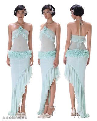 越在线越南小众ibiboss挂脖立体花荷叶边不规则斜边半透明长裙