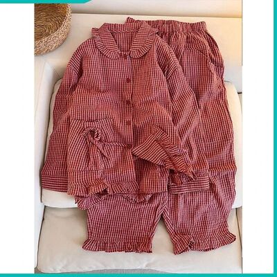 新款甜美少女风纯棉睡衣女士韩系减龄娃娃领格子开衫家居服可外穿