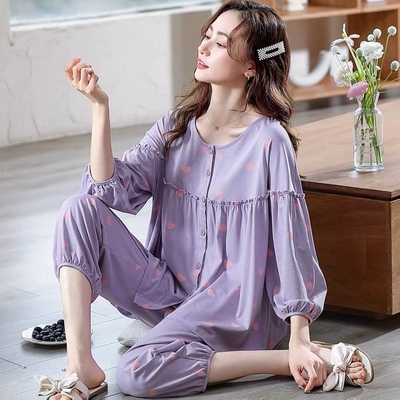 睡衣女春秋夏季新款纯棉薄款七分袖圆领开衫青年宽松可外穿家居服