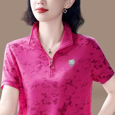 新减款纯棉短袖女夏中年妈妈洋气龄翻89855恤领衫季运动上衣
