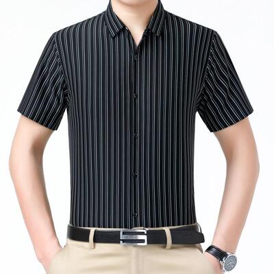 夏季款衬中年男式短袖衫休闲翻领桑新丝时尚条纹6887-P冰丝蚕衬衣