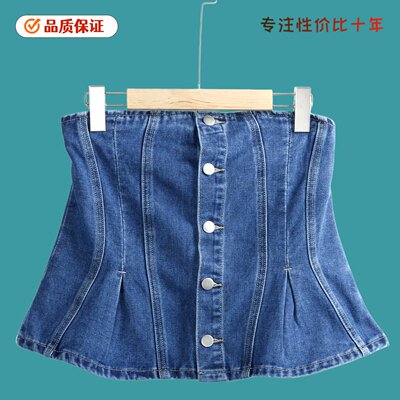 6346牛仔抹胸 夏季时尚纽扣水洗做旧收腰显瘦短款磨白牛仔小衫女