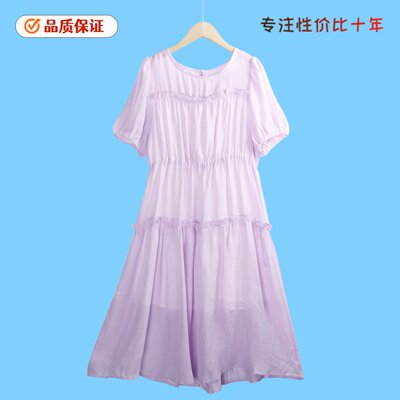 6249连衣裙 春夏圆领纽扣新款百搭短袖荷叶边三层A字裙女裙外贸