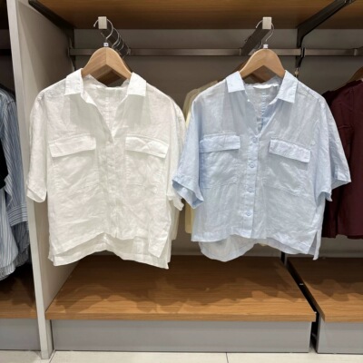 日单法国麻半开领箱型衬衫/短袖衬衣26春夏新款工装上衣 484256