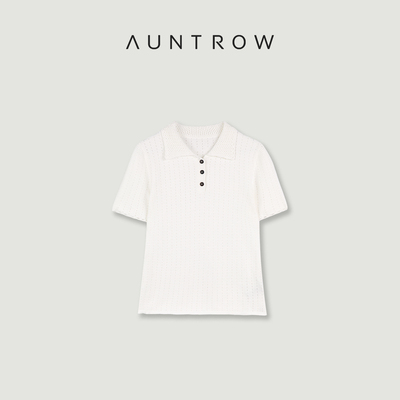 “弥野” 100阿克苏长绒棉 法式学院风Polo领镂空针织短袖