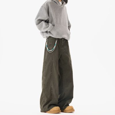 水洗复古军绿色解构弯刀工装裤