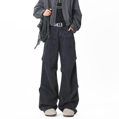 美式高街褶皱做旧牛仔裤