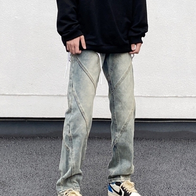 复古水洗做旧拼接牛仔裤男