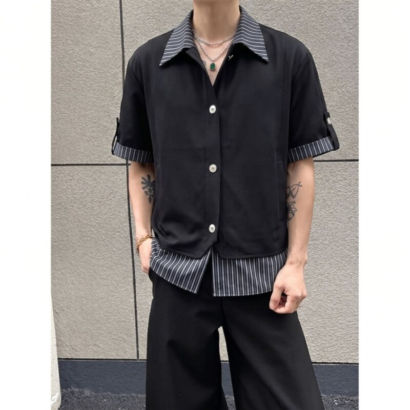 痞帅通勤衬衫假两件短袖拼接百搭男条纹设计美式感T恤开衫高级感